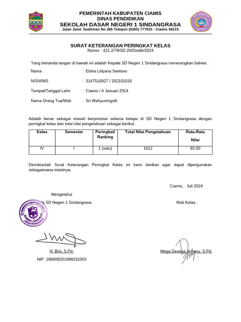 Surat Keterangan Peringkat Kelas | PDF