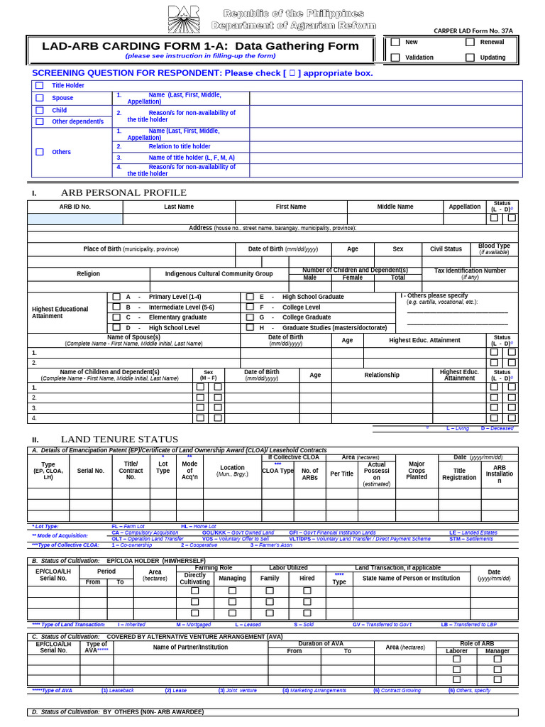 CARPER LAD Form No. 37A ARB Carding and ID System (Form I-A - Data ...