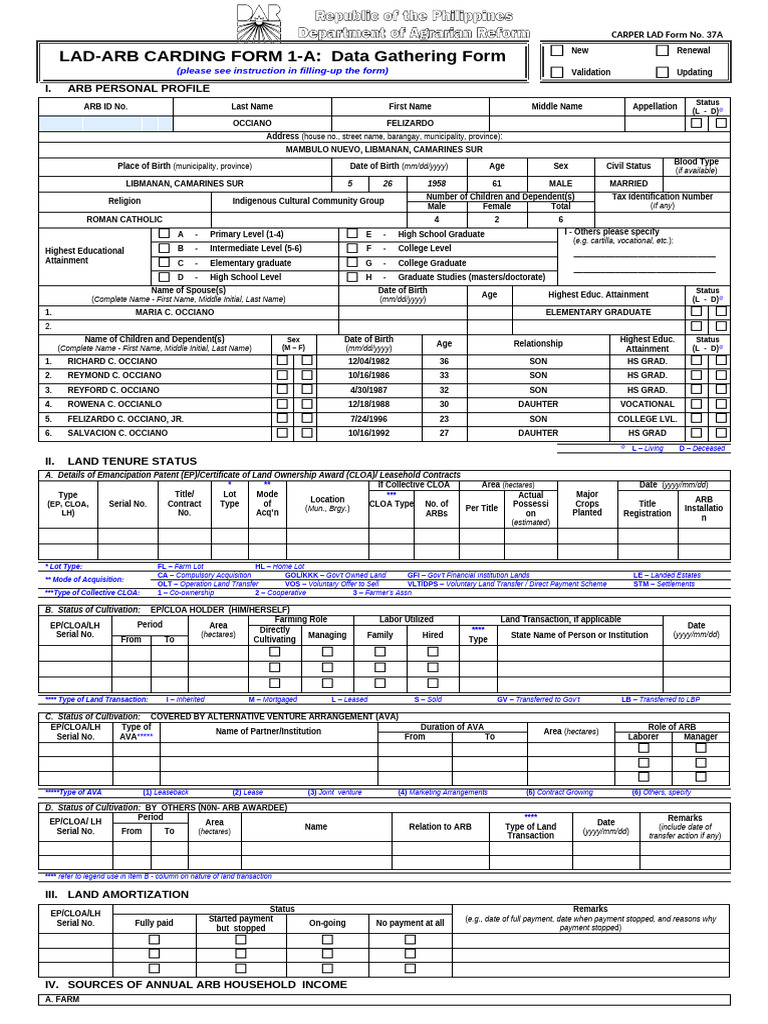 CARPER LAD Form No. 37A ARB Carding and ID System (Form I-A - Data ...