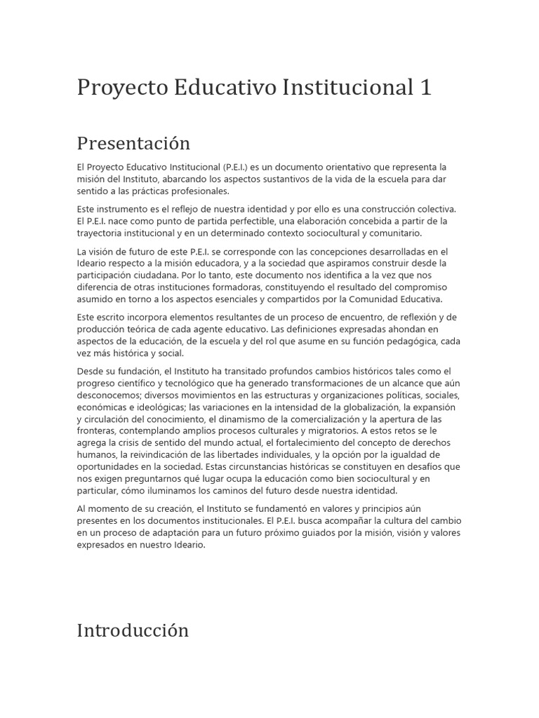 Ejemplos Proyecto Educativo Institucional | PDF