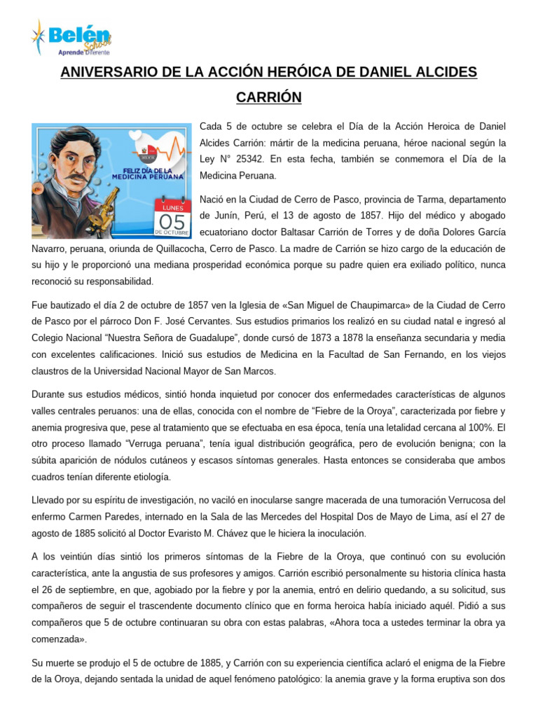 Aniversario de La Acción Heróica de Daniel Alcides Carrión | PDF