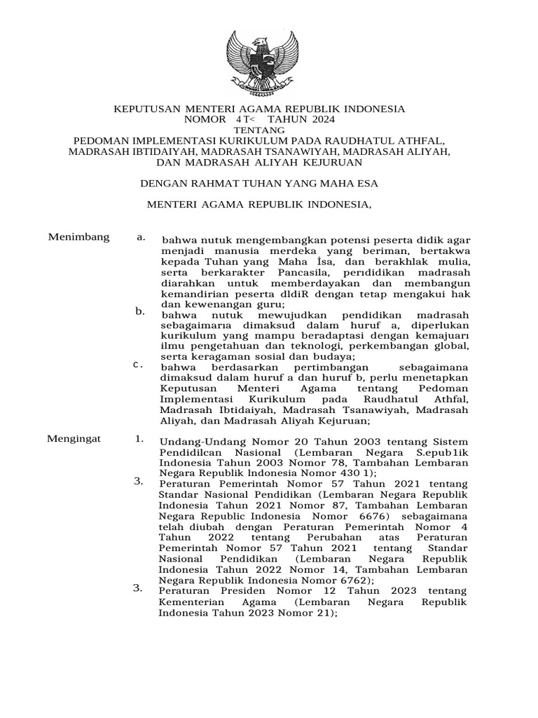 KMA No. 450 Tahun 2024 - Pedoman Implementasi Kurikulum Pada Madarsah - Ayomadrasah | PDF