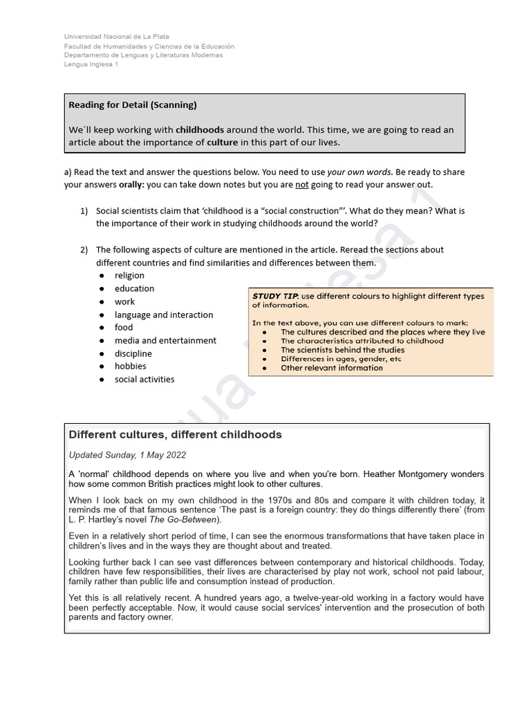 Module 1 Reading_ Different cultures, different childhoods | PDF
