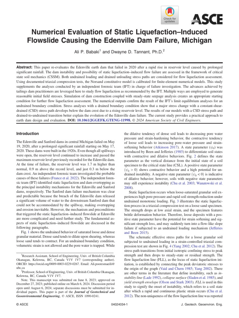 Babaki Tannant 2024 Numerical Evaluation of Static Liquefaction Induced Flowslide Causing The ...