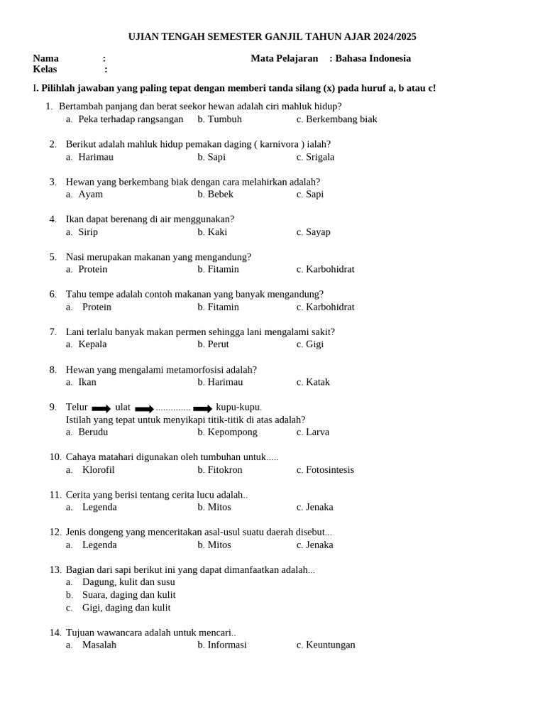 Soal B.indonesia Uts Kelas 3 Semester 1 | PDF