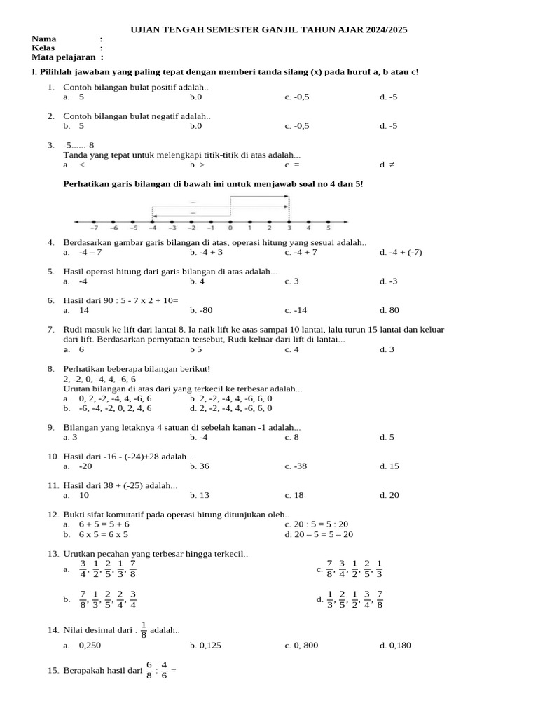 Soal MTK Uts Kelas 6 Semester 1 | PDF