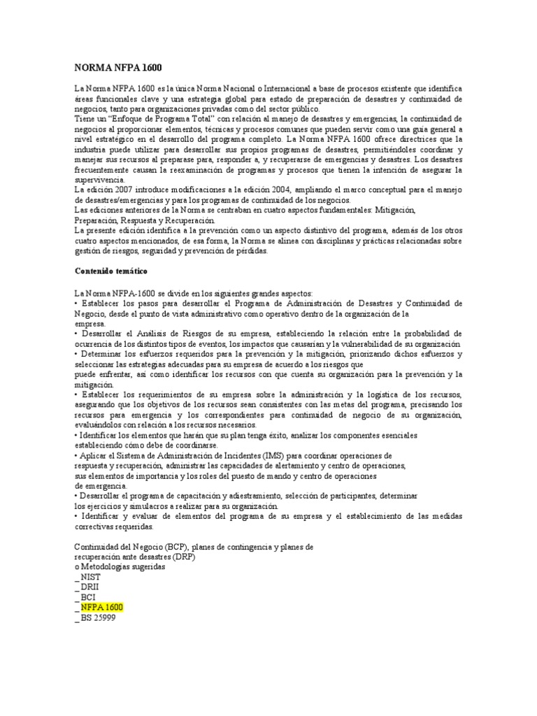 Norma Nfpa 1600 | PDF | Riesgo | La seguridad