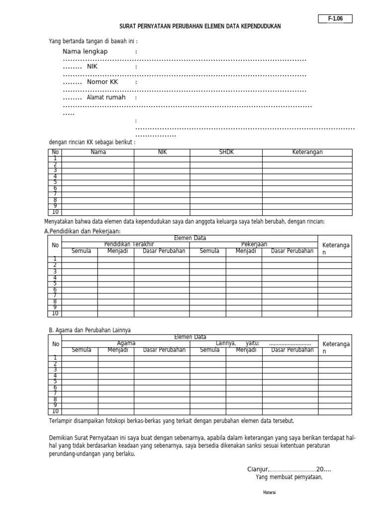 F1 06 Surat Pernyataan Perubahan Elemen Data Kependudukan | PDF