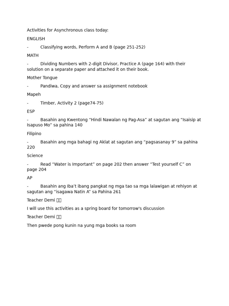 Activities For Asynchronous Class Today | PDF