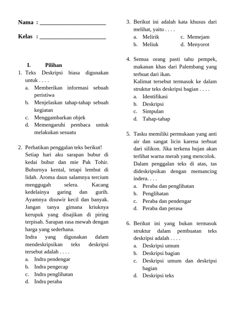 Soal Bindo Kls 9 Deskripsi | PDF