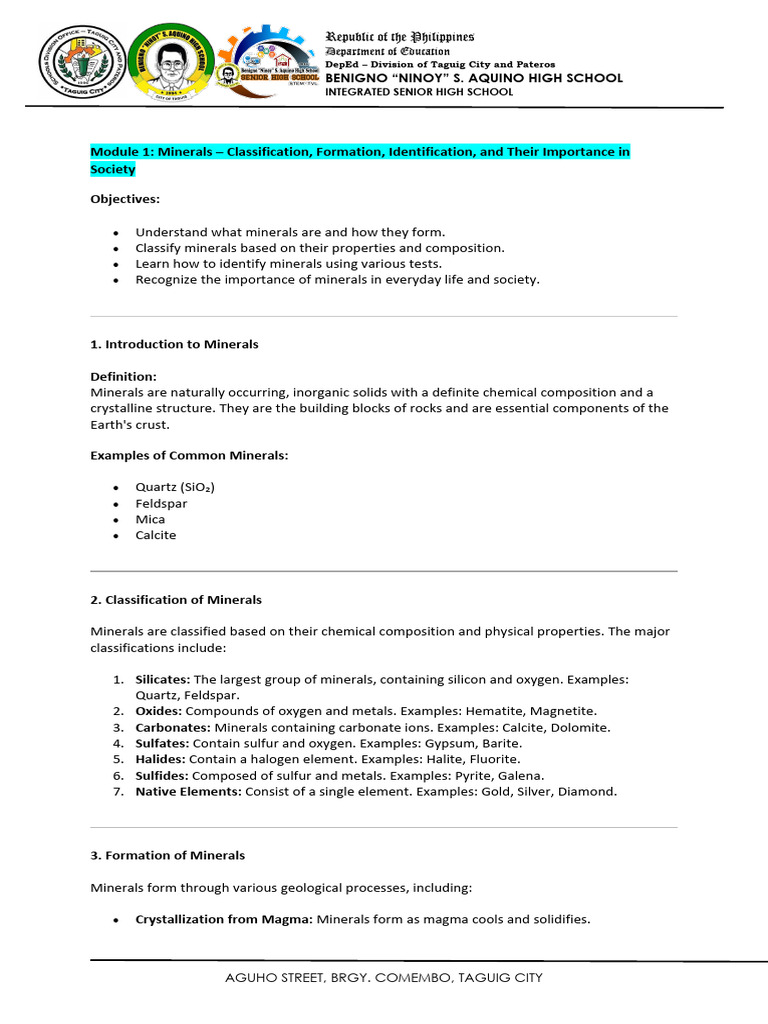 Modules For Minerals Ore Minerals Fossil Fuel - Earth Science - Midterm - 2024 - PJIBRON | PDF