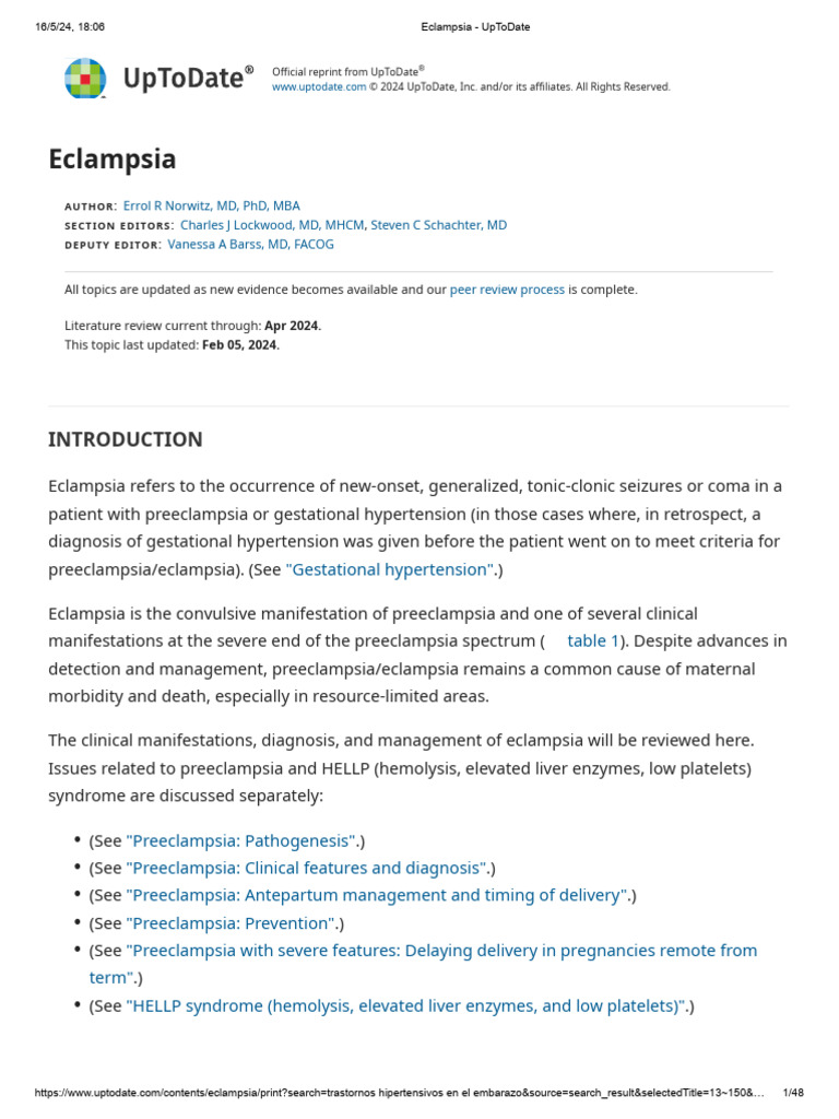 Eclampsia - UpToDate | PDF