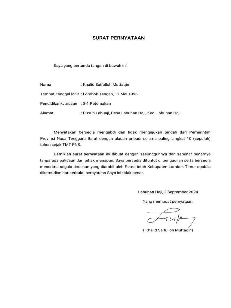 SURAT PERNYATAAN BERSEDIA MENGABDI Khalid | PDF
