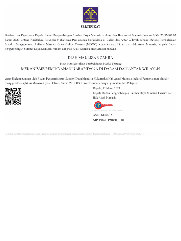 Sertifikat MOOC Diah-Mekanisme Pemidahan Napi | PDF