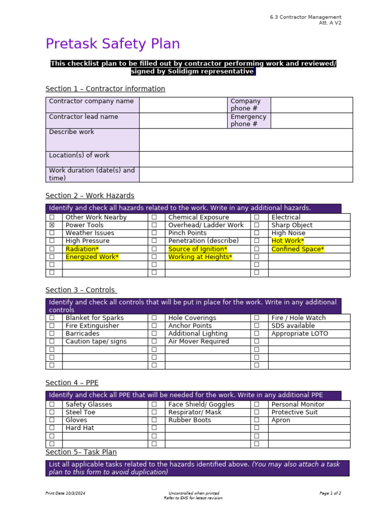 6.3-Att A Pretask Safety Plan | PDF