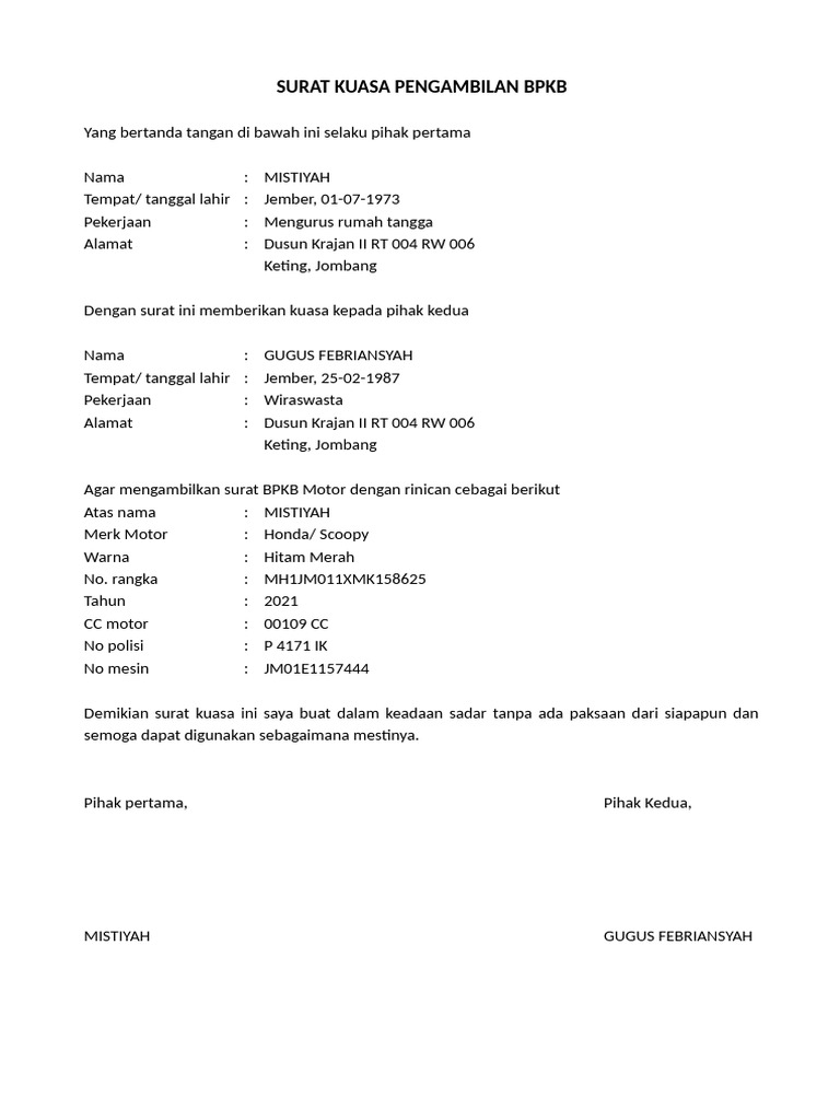 Surat Kuasa Pengambilan Bpkb | PDF