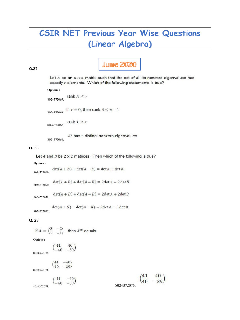 (Linear Algebra) NET Previous Year Wise Questions 2014-2020 | PDF