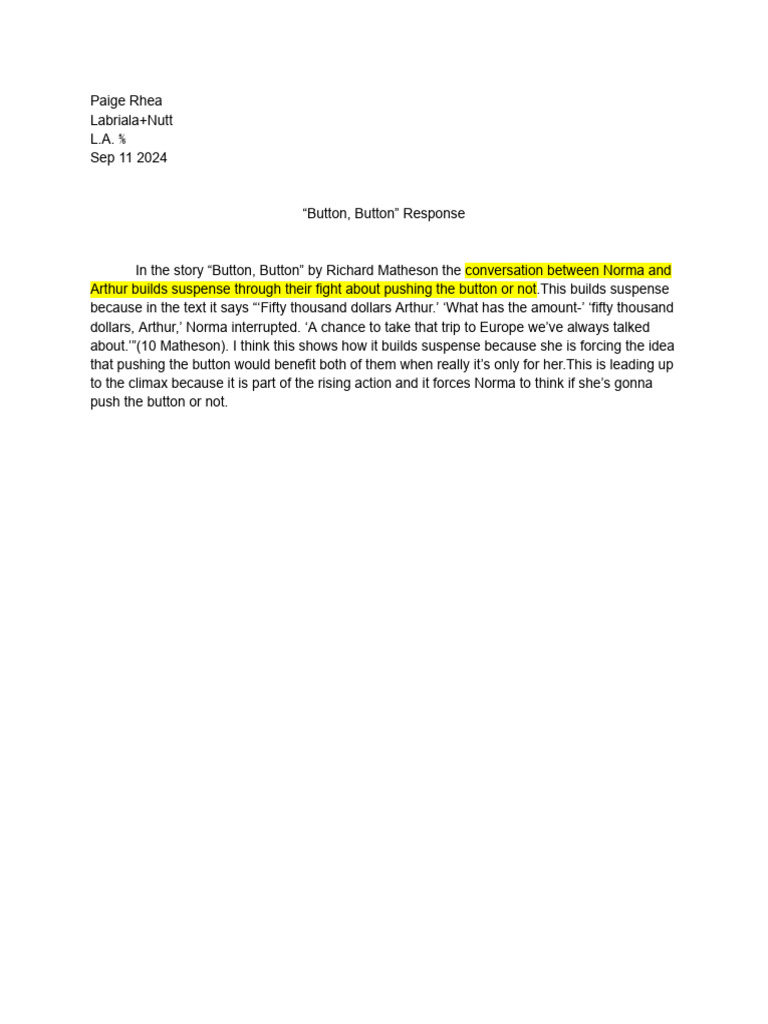 Button Button Response. | PDF