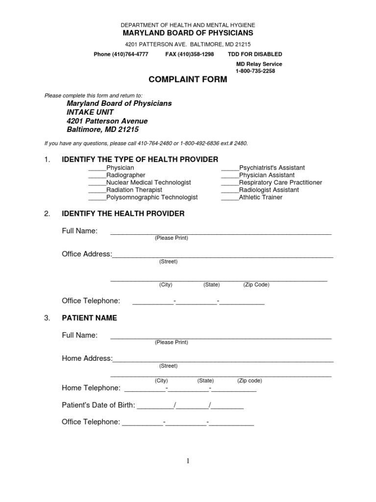 Complaint Form: Maryland Board of Physicians Intake Unit 4201 Patterson ...
