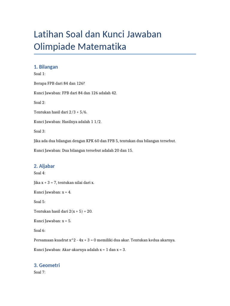 Latihan Soal Dan Kunci Jawaban Olimpiade Matematika | PDF