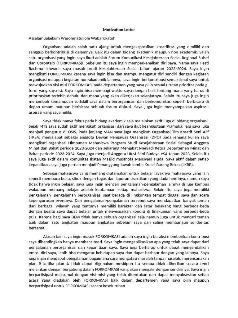Contoh Motivation Letter Organisasi | PDF