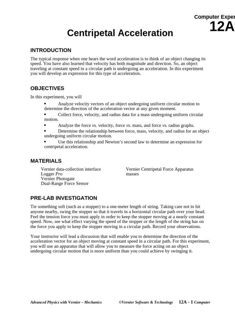 Centripetal Acceleration Lab Instructions | PDF