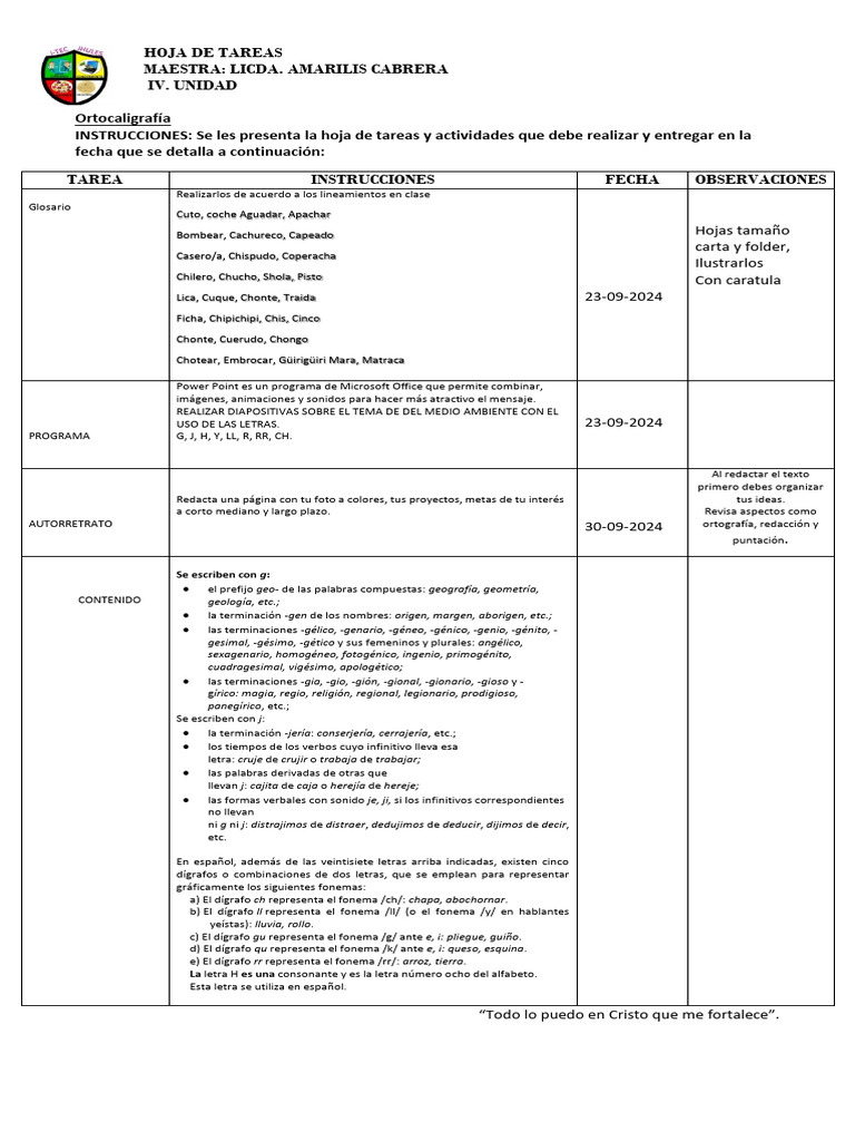 HOJA DE TAREAS - Orto. IV UNIDAD 1ro. Bas. | PDF