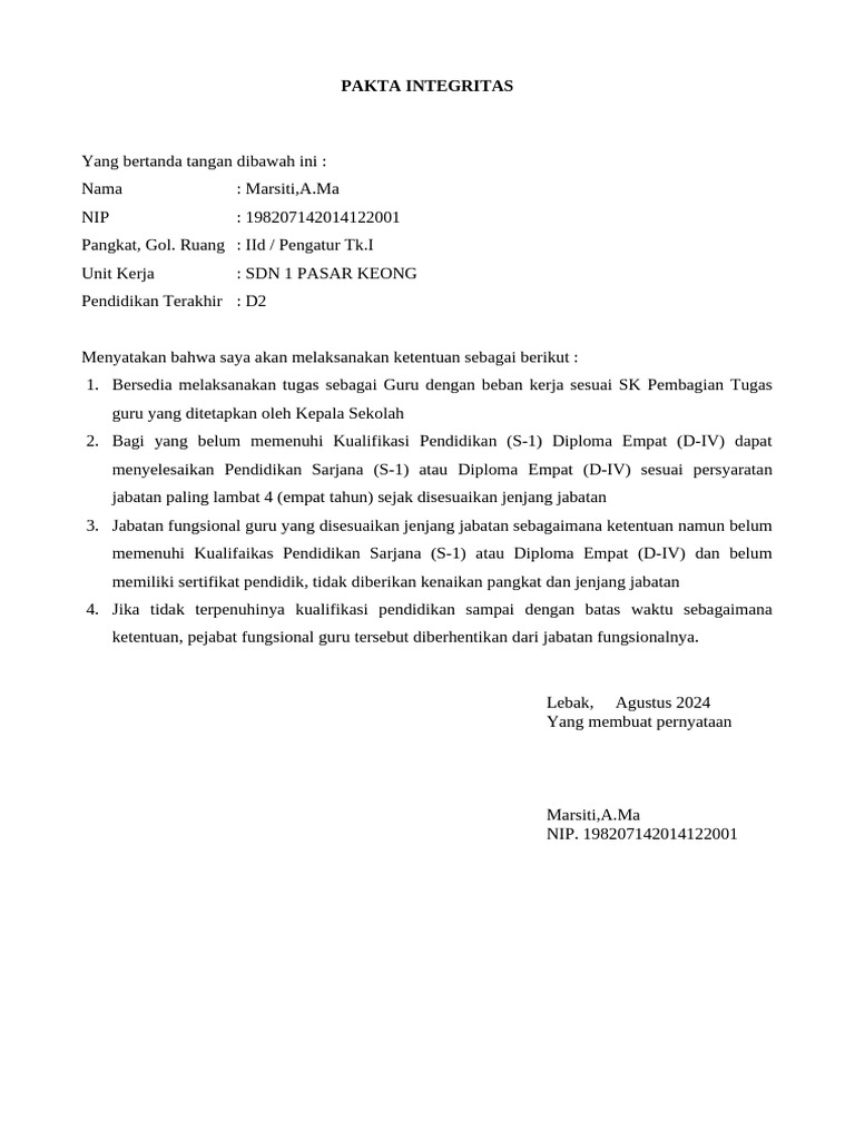 Pakta Integritas JF 2024 | PDF