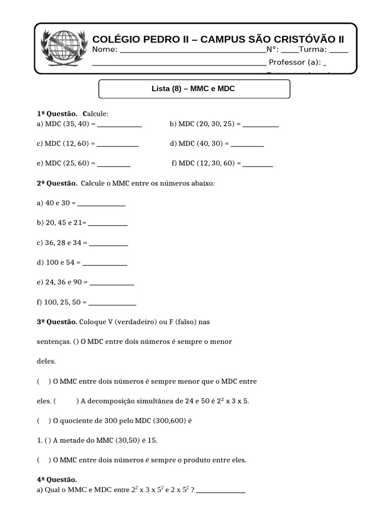 Lista 08 6º Ano MMC e MDC | PDF