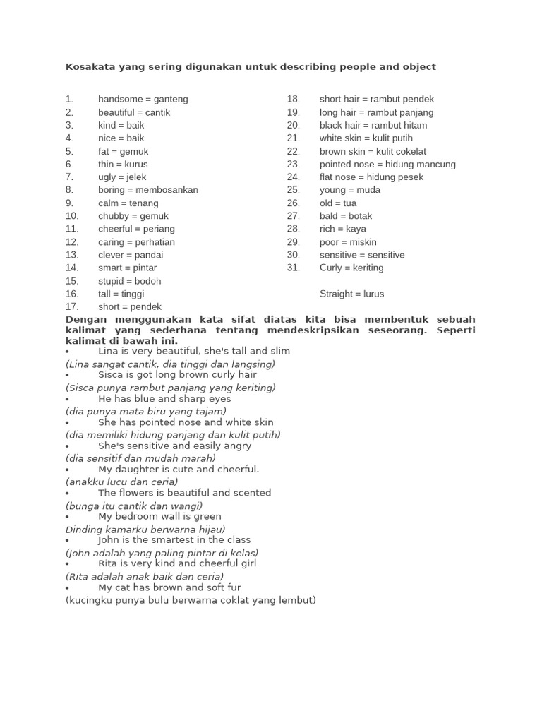 Kosakata Deskripsi Orang dan Objek | PDF