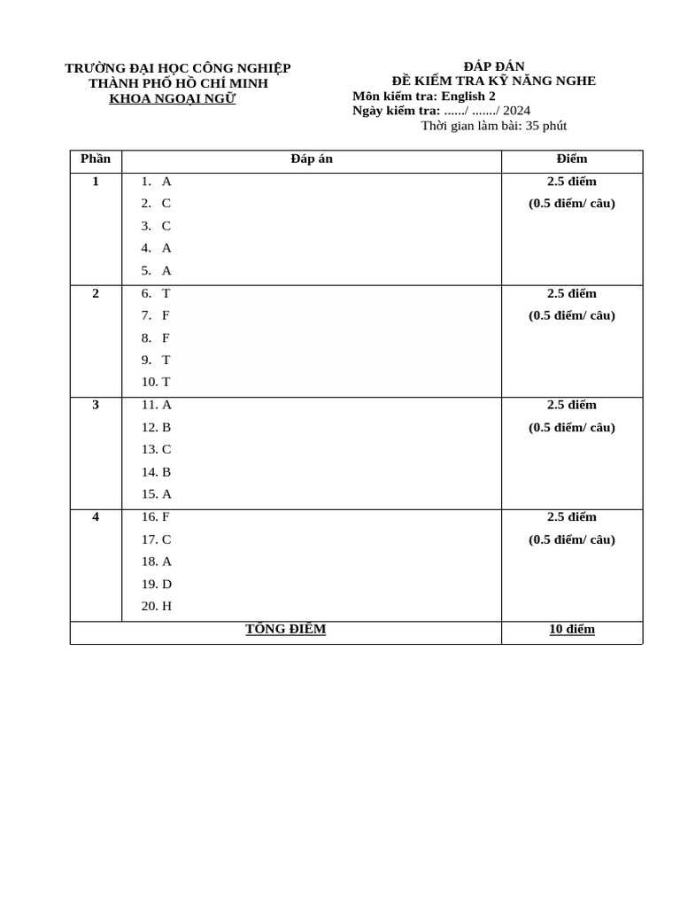 English 2 - Sample Listening Test - Answer Key | PDF