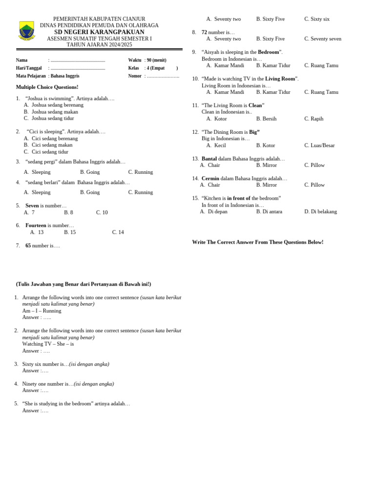 Soal PTS BAHASA INGGRIS Kelas 4 Semester 1 2024 | PDF | Languages Of Southeast Asia | Languages