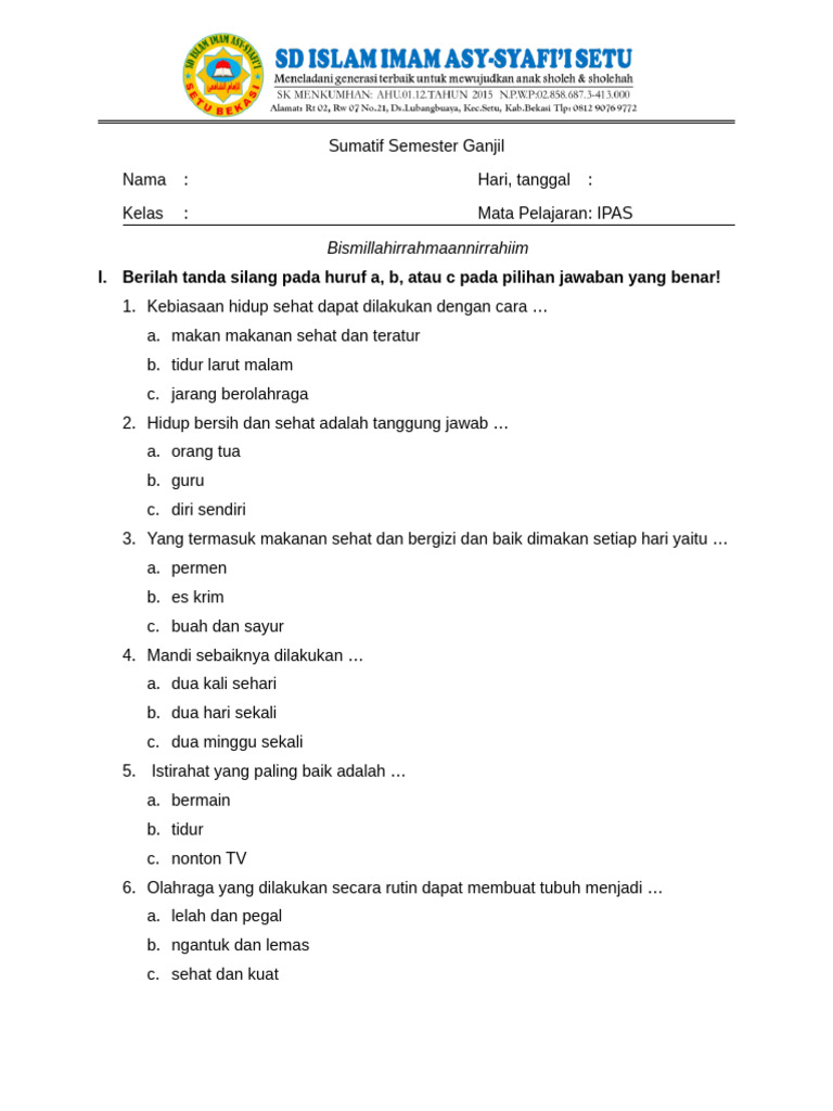 Soal UH. IPAS Kls 2. Bab 1 | PDF