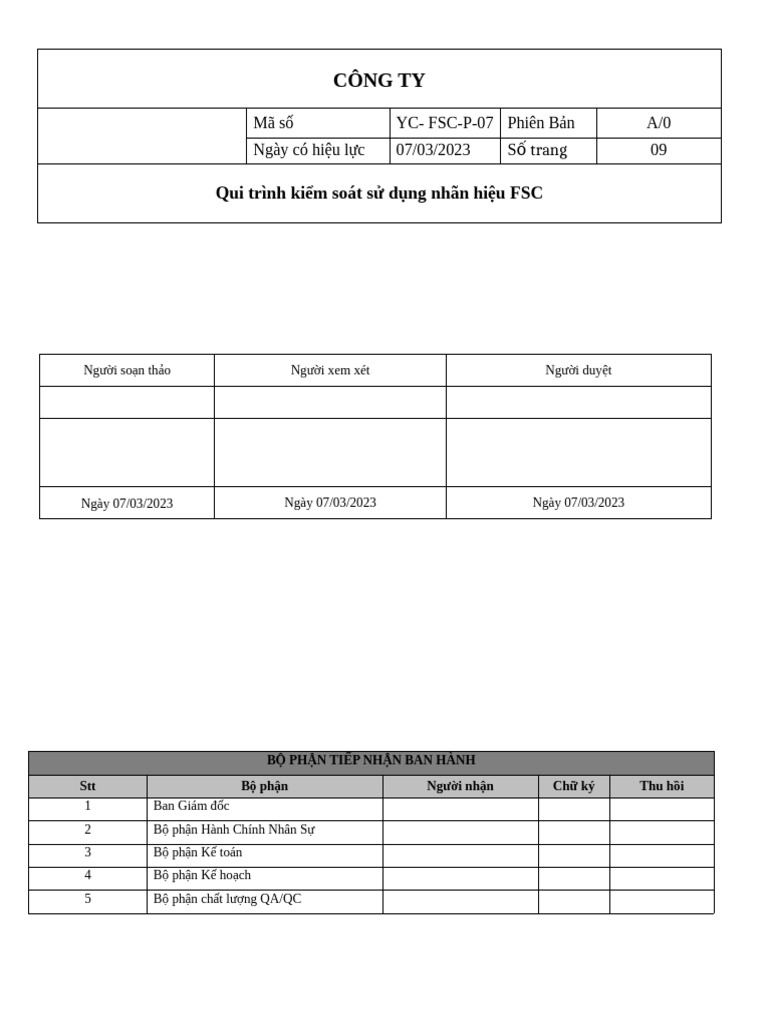 7. FSC Label Control Procedure-Thủ Tục Kiểm Soát Việc Sử Dụng Nhãn Hiệu ...