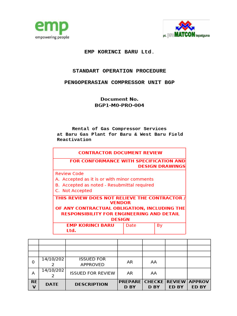 Sop Pengoperasian Compressor Unit BGP New | PDF