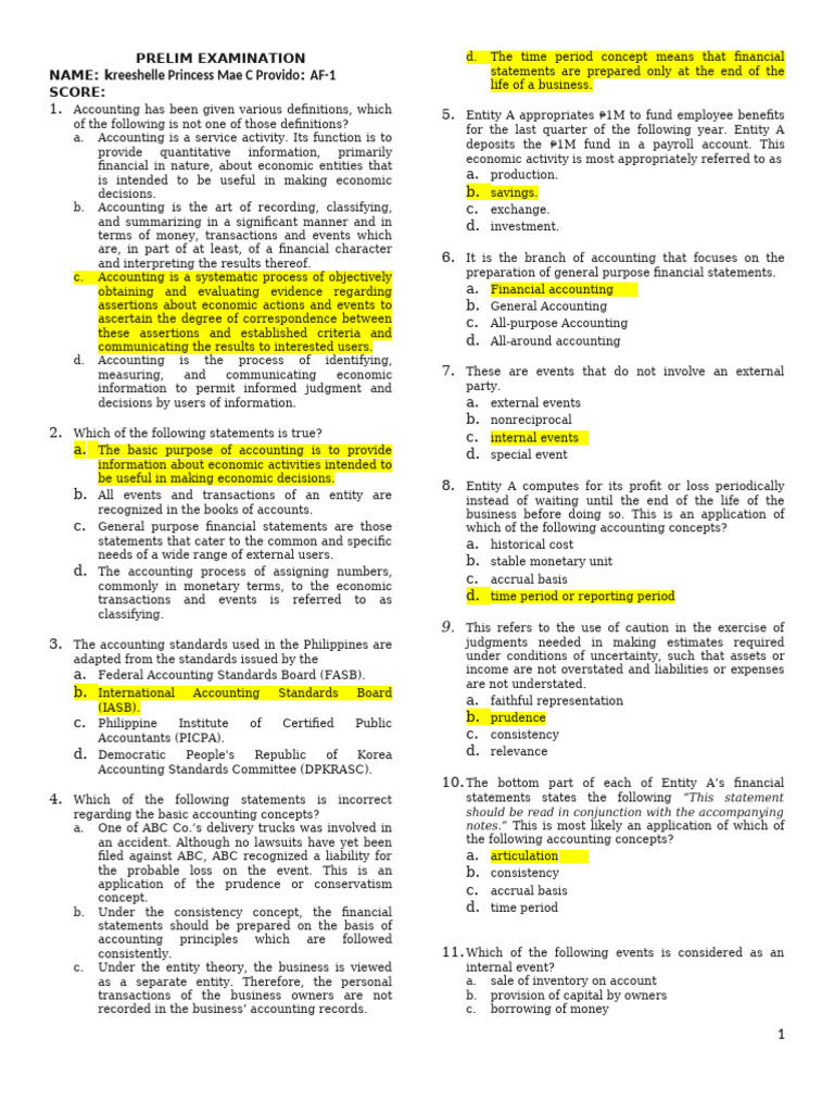 Prelim Examination in Cfas | PDF | Financial Statement | Law