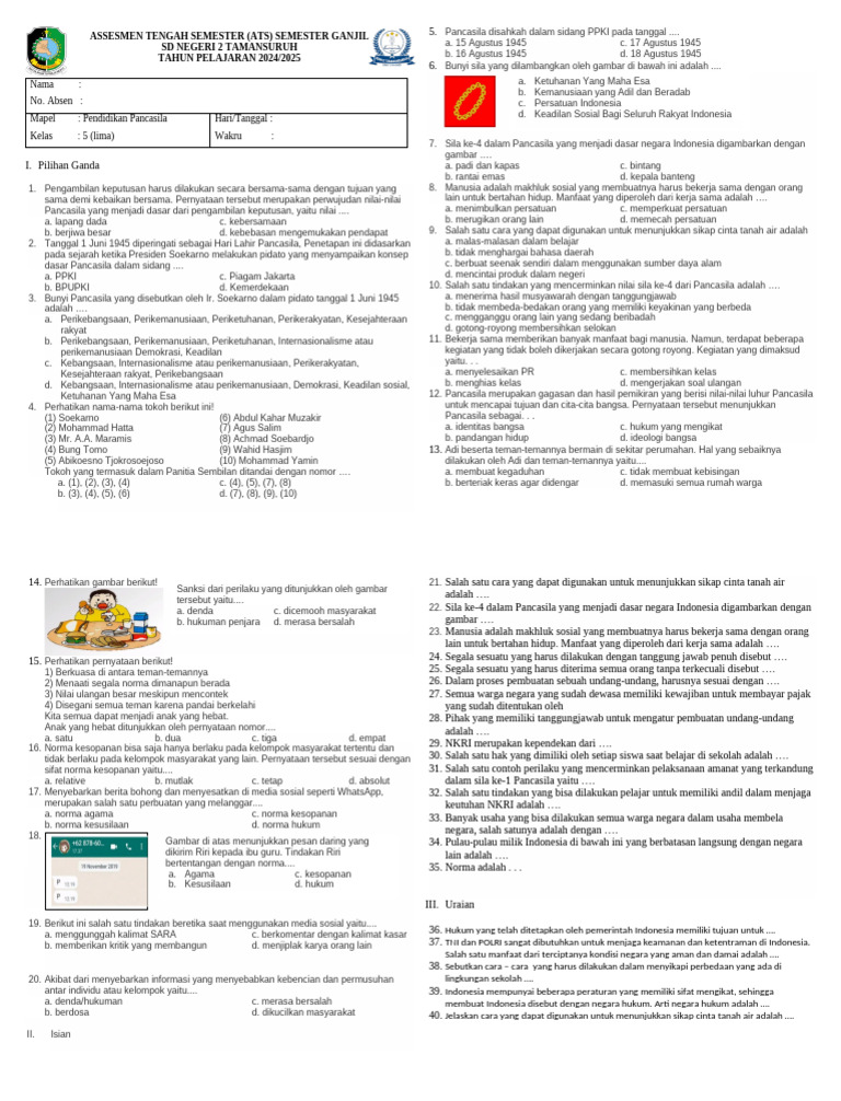 Soal ATS Ganjil Kls 5 Pendidikan Pancasila 2024 2025 | PDF