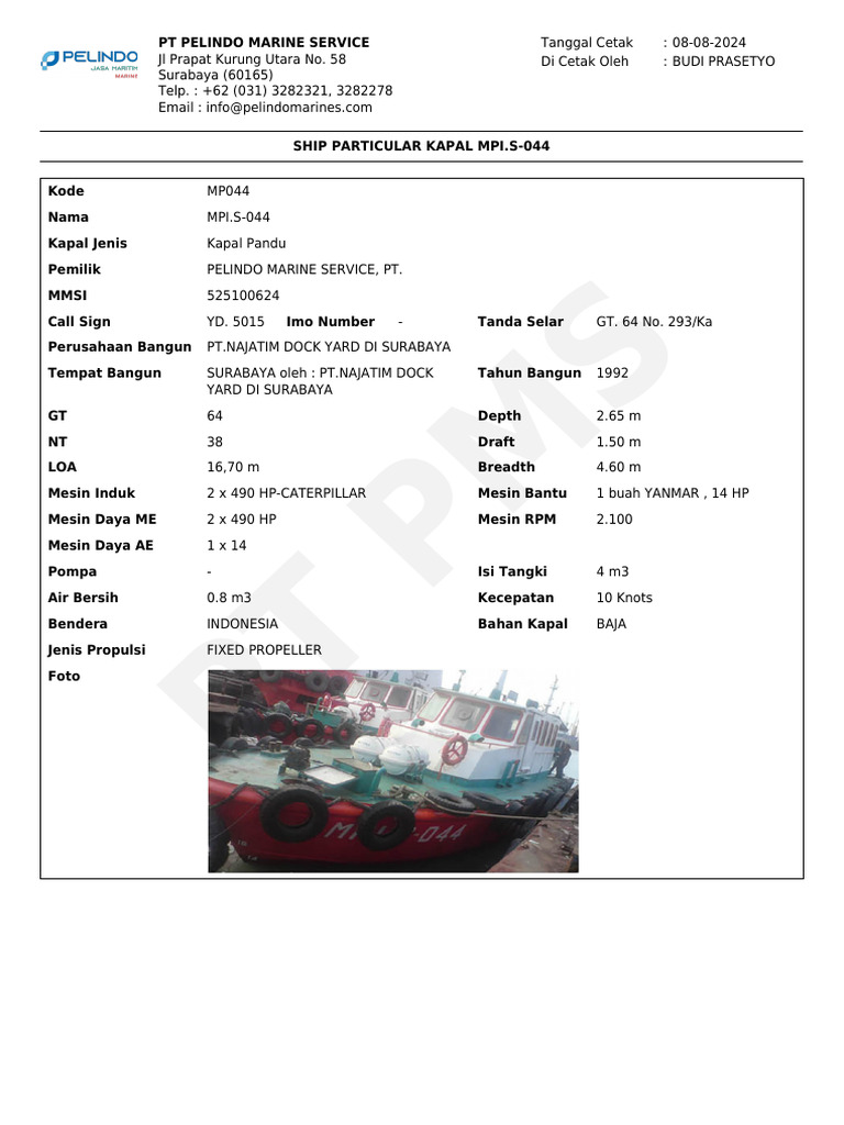 Ship Particular Kapal Mpi.s 044 | PDF