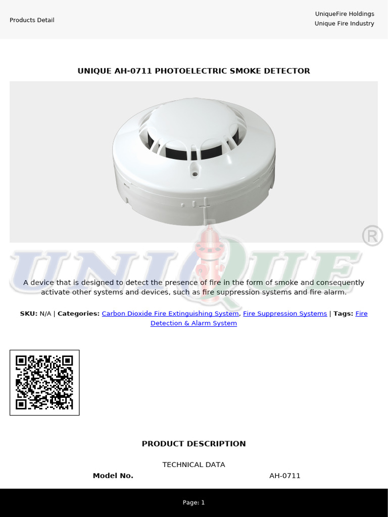 Unique Ah 0711 Photoelectric Smoke Detector | PDF