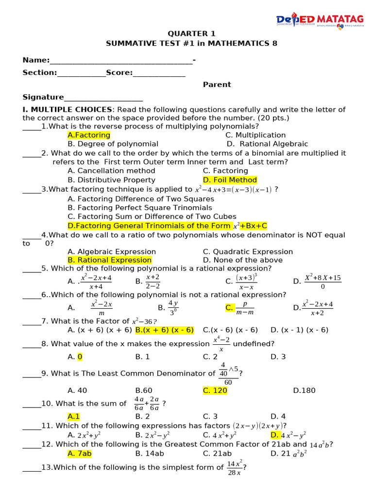 Summative Test 1 Math 8 Q1 | PDF