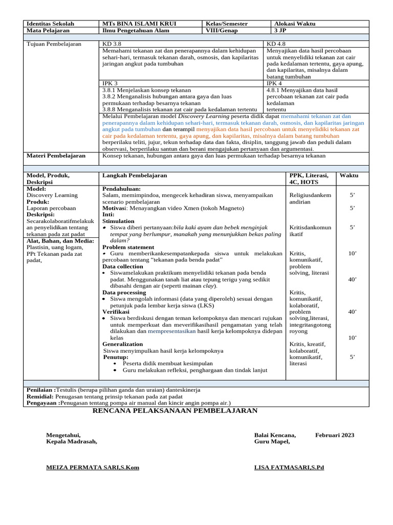 RPP Ipa Kelas 8 SM 2 Konsep Tekanan | PDF