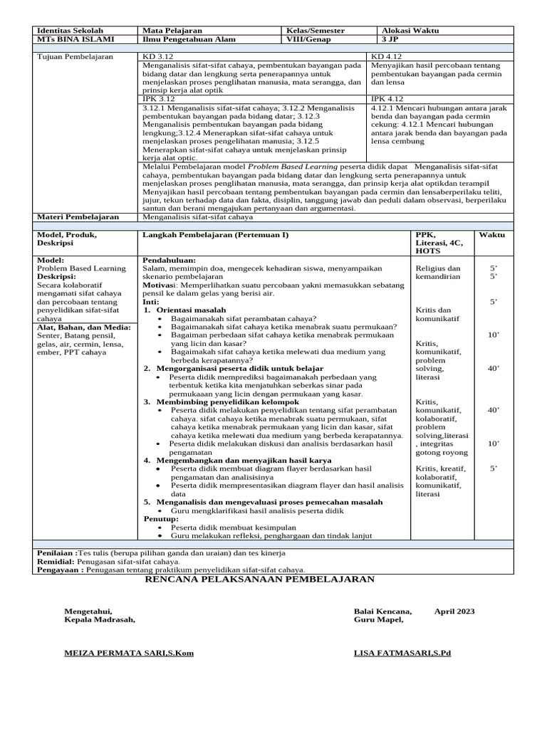 RPP Ipa Kelas 8 SM 2 Sifat-Sifat Cahaya | PDF