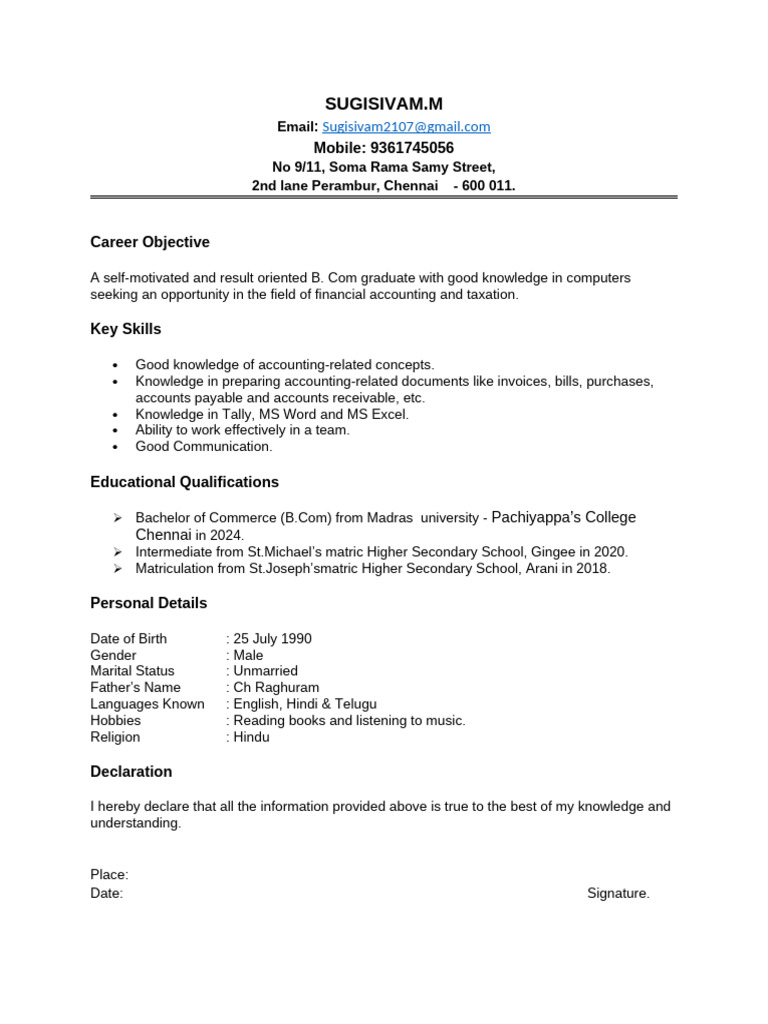 B Com Fresher Resume Format 1 | PDF