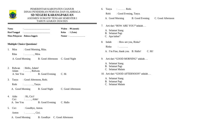 Soal PTS BAHASA INGGRIS Kelas 1 Semester 1 2024 | PDF