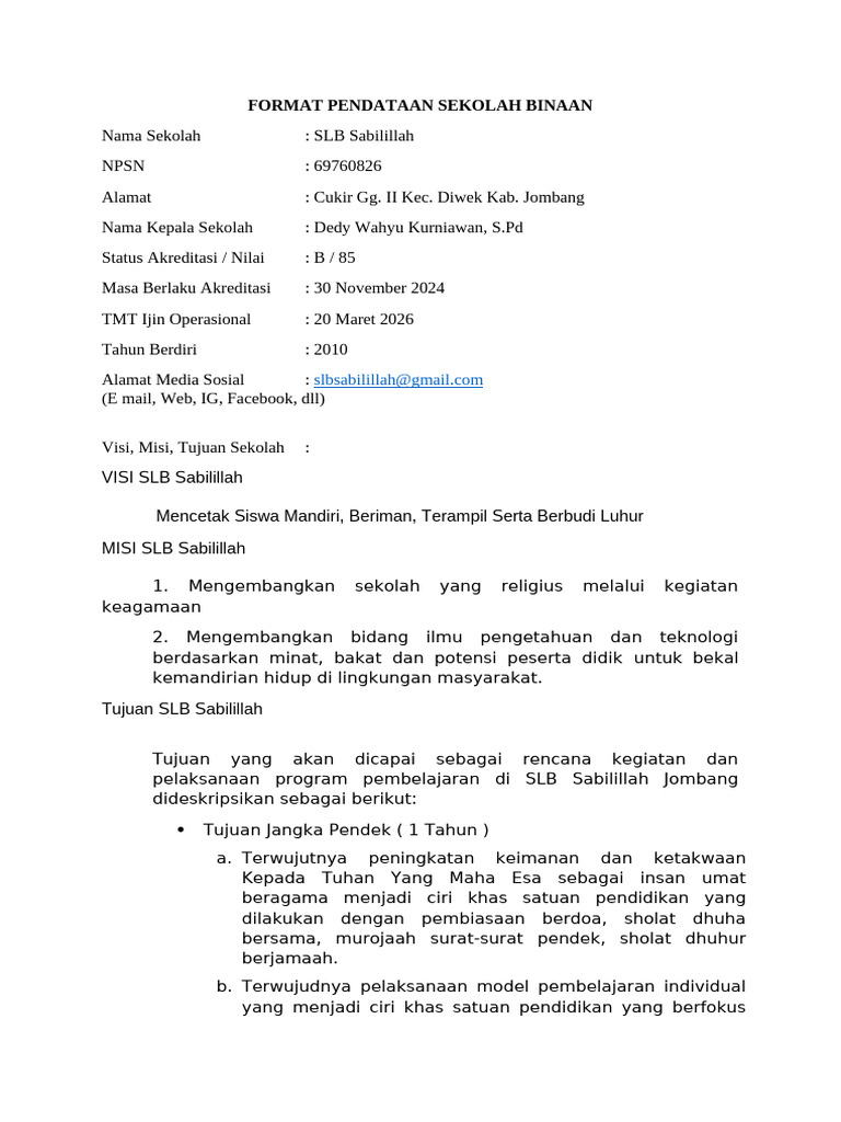Format Pendataan Sekolah Binaan | PDF