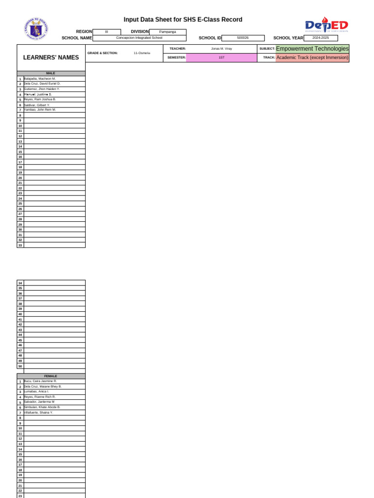 11 Osmeña SHS E Class Record | PDF