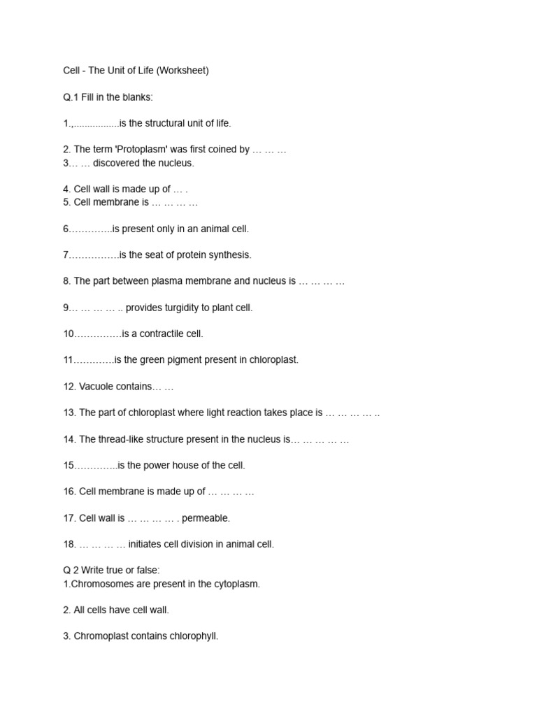 Cell - The Unit of Life (Worksheet) | PDF