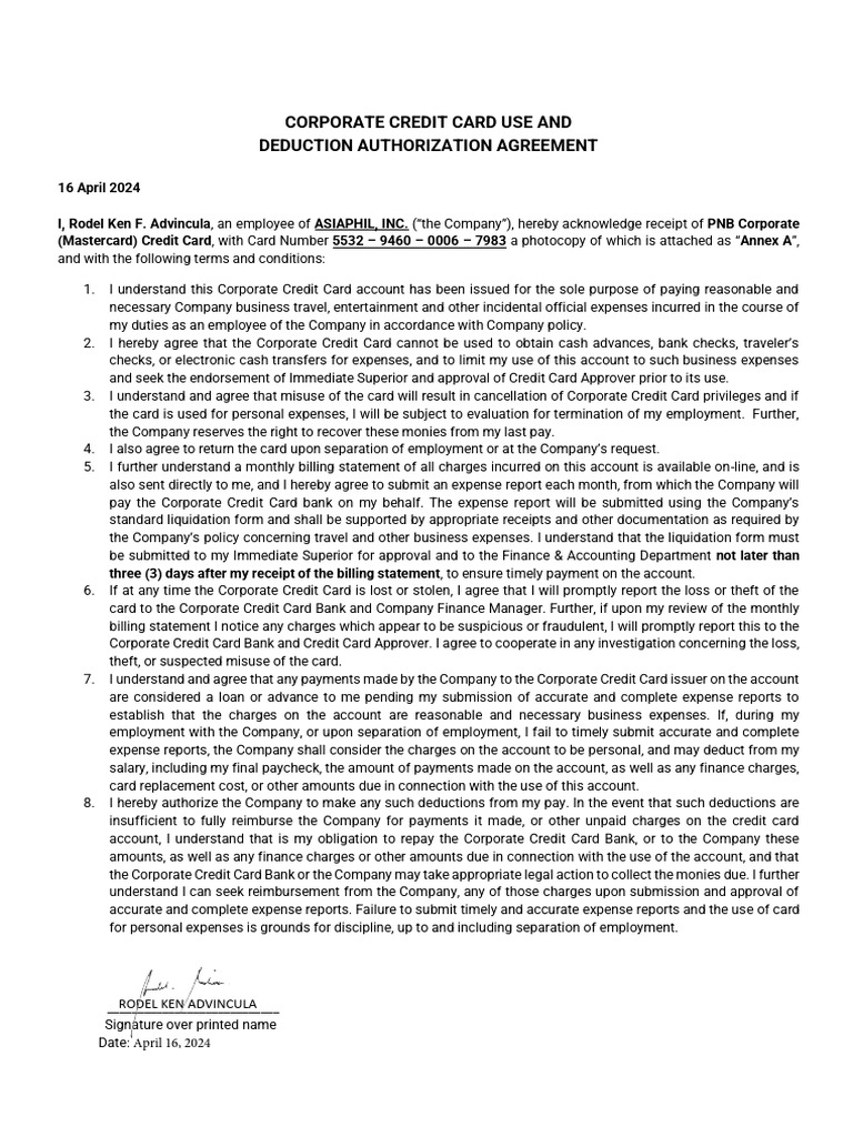 Asiaphil Credit Card Agreement Form - Rodel Ken Advincula-Signed | PDF