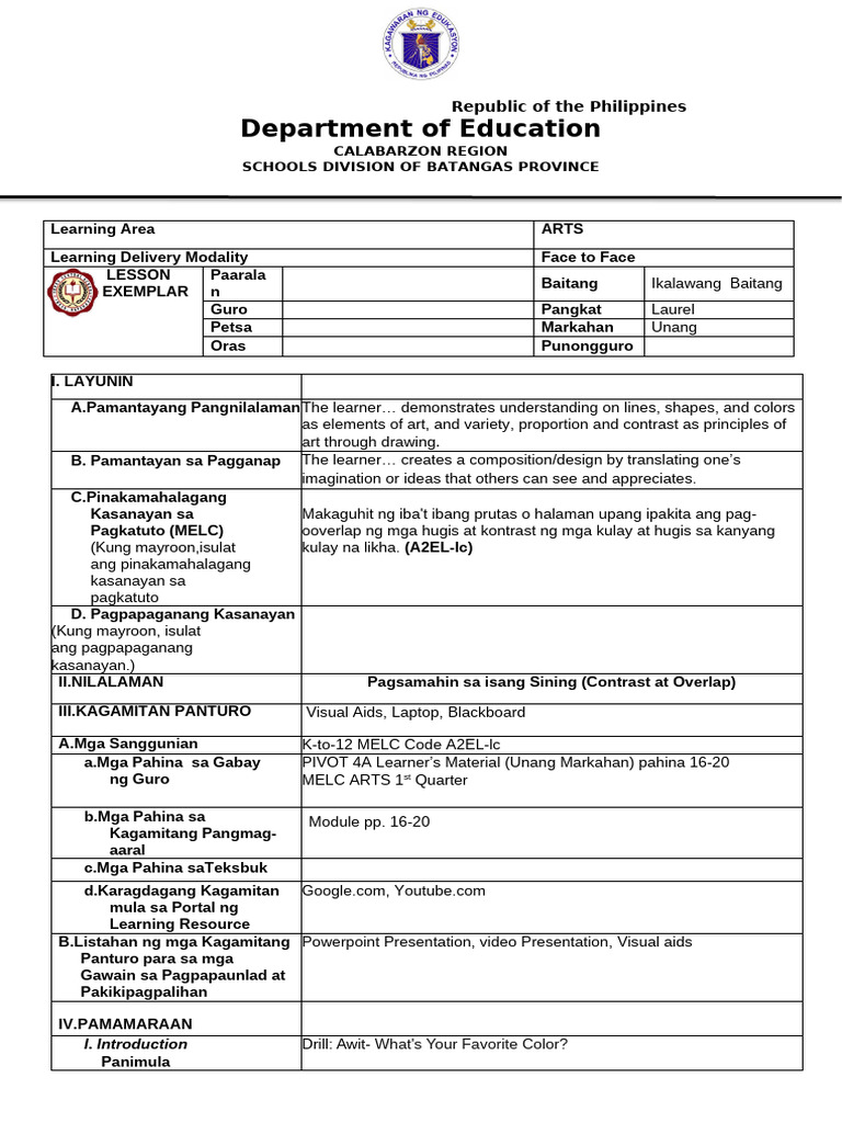 Lesson Plan in Arts Vicente Beed 1201 | PDF