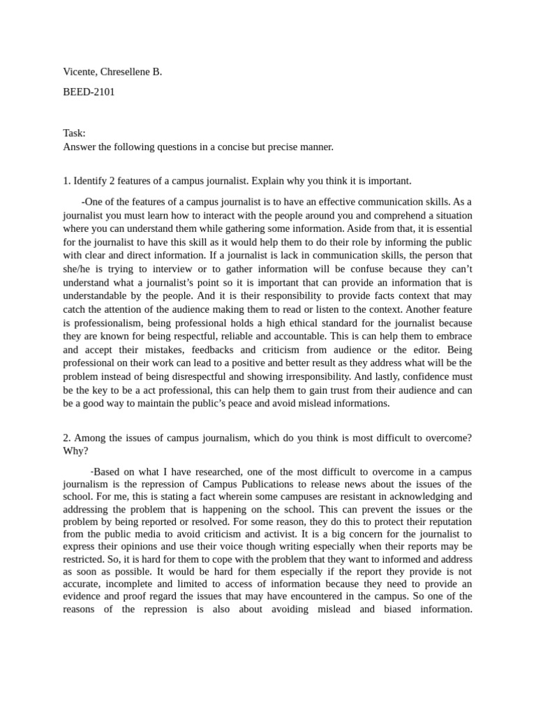 Campus Journalism Task 1 | PDF